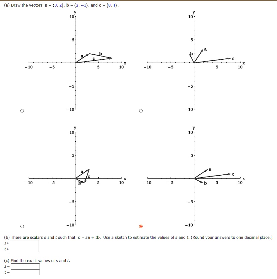 SOLVED: Draw the vectors a (3, 2, b = (2, 1 , and c = (8, 1 -10 -10 -10 (b There are scalars and ...