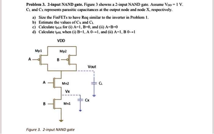 SOLVED: Problem 3: 2-input NAND gate. Figure shows a 2-input NAND gate. Assume Vpp = IV and Cx ...