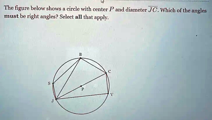 SOLVED: The figure below shows a circle with center P and diameter JC ...