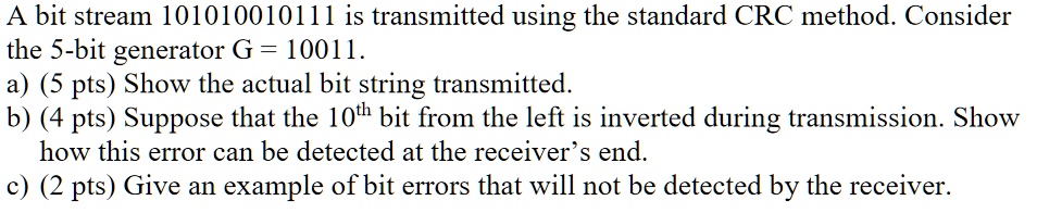 A bit stream 101010010111 is transmitted using the standard CRC method ...
