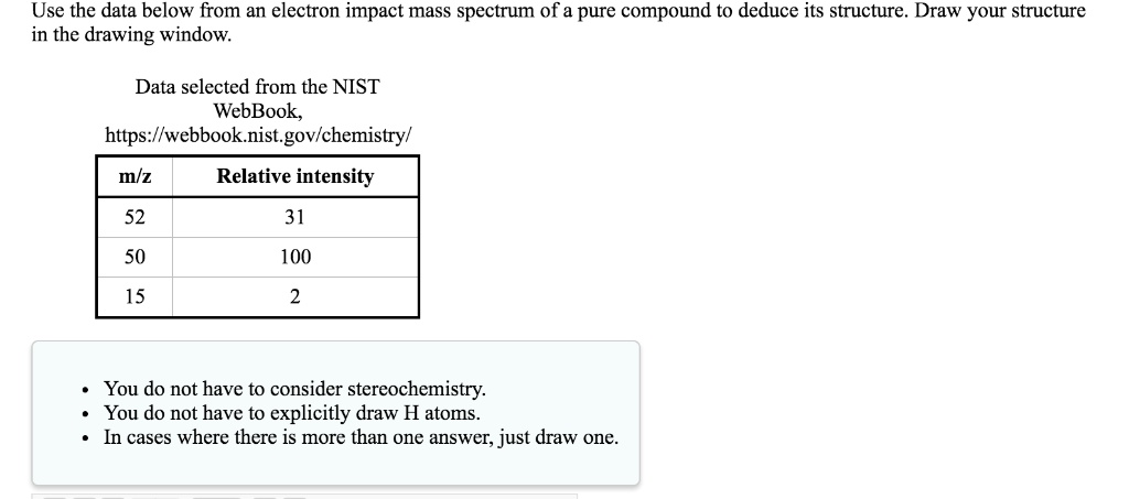 SOLVED: Use the data below from an electron impact mass spectrum of a pure compound to deduce ...