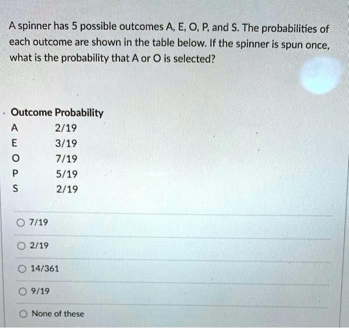SOLVED: A spinner has 5 possible outcomes A, E, 0,P and . The ...
