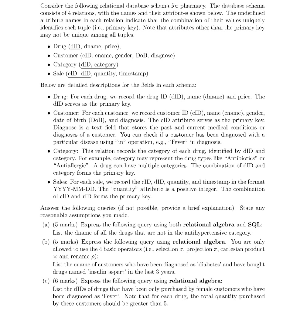 consider the following relational database schema for pharmacy the ...