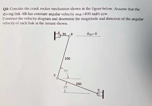 q4 consider the crank rocker mechanism shown in the figure below assume that the driving link ab ...