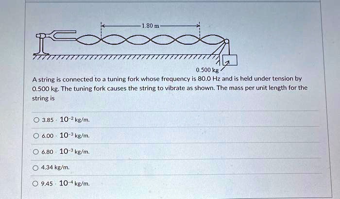 SOLVED: 500 A string is connected to tuning fork whose frequency is 80.0 Hz and held under ...