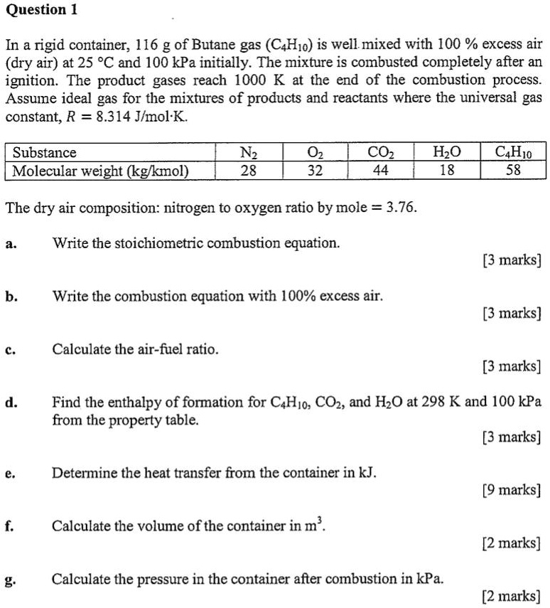 SOLVED: Question 1 In a rigid container,116 g of Butane gas (CHi is well.mixed with 100 % excess ...