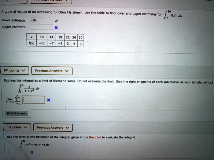 table of values of an increasing function f is shown use the table iind lower and upper ...