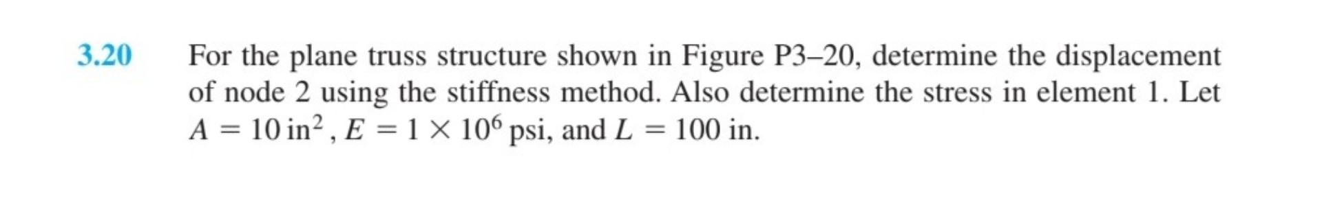 3.20 For the plane truss structure shown in Figure P3-20, determine the displacement of node 2 ...