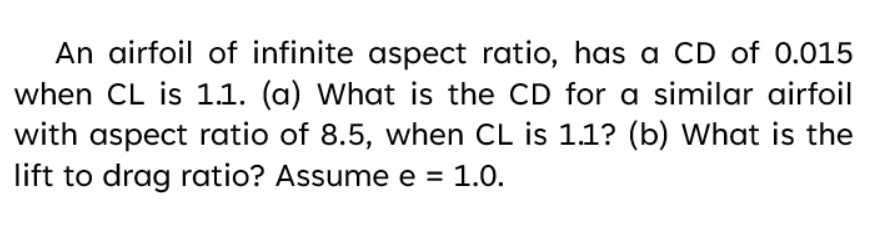 An airfoil of infinite aspect ratio, has a CD of 0.015 when...