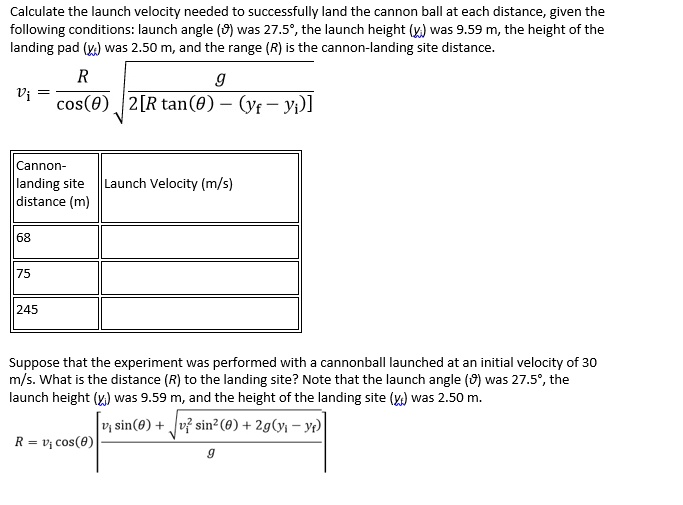 SOLVED: Calculate the launch velocity needed to successfully land the cannonball at each ...
