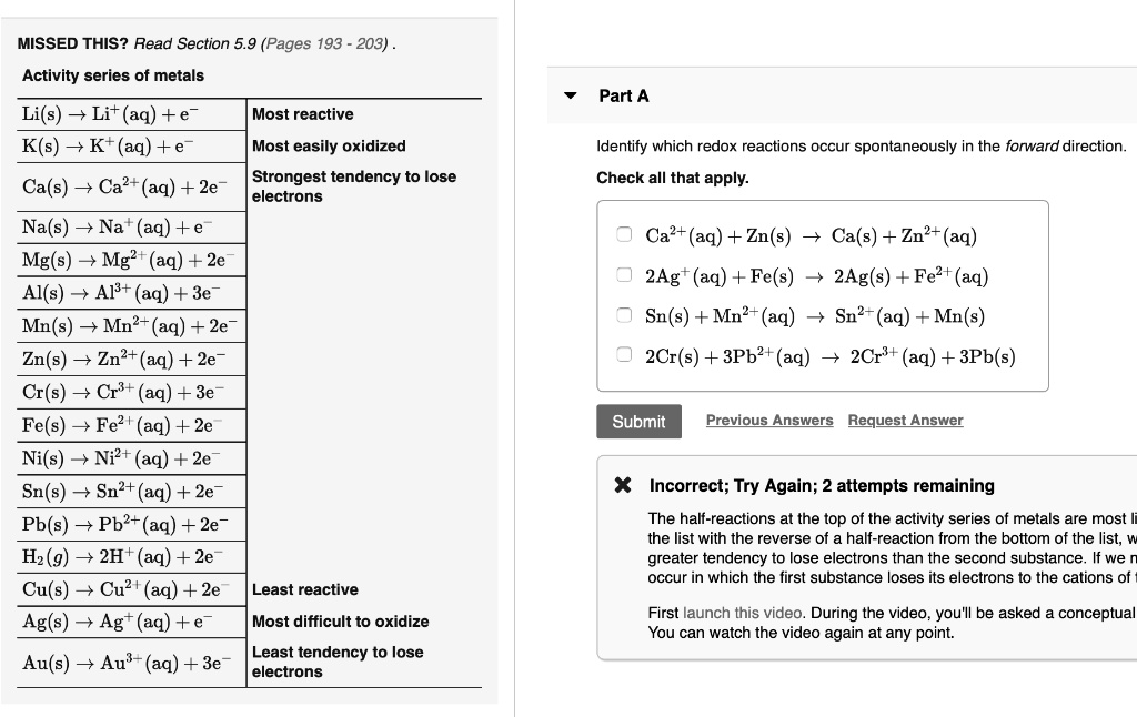 SOLVED:MISSED THIS? Read Section 5.9 (Pages 193 203) Activity series of ...