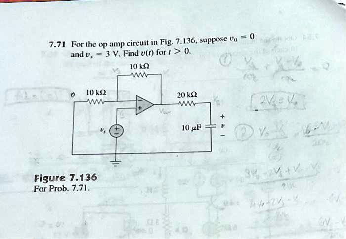 7.71 For the op amp circuit in Fig. 7.136, suppose v0 = 0 and vs = 3 V. Find v(t) for t > 0. 10 ...