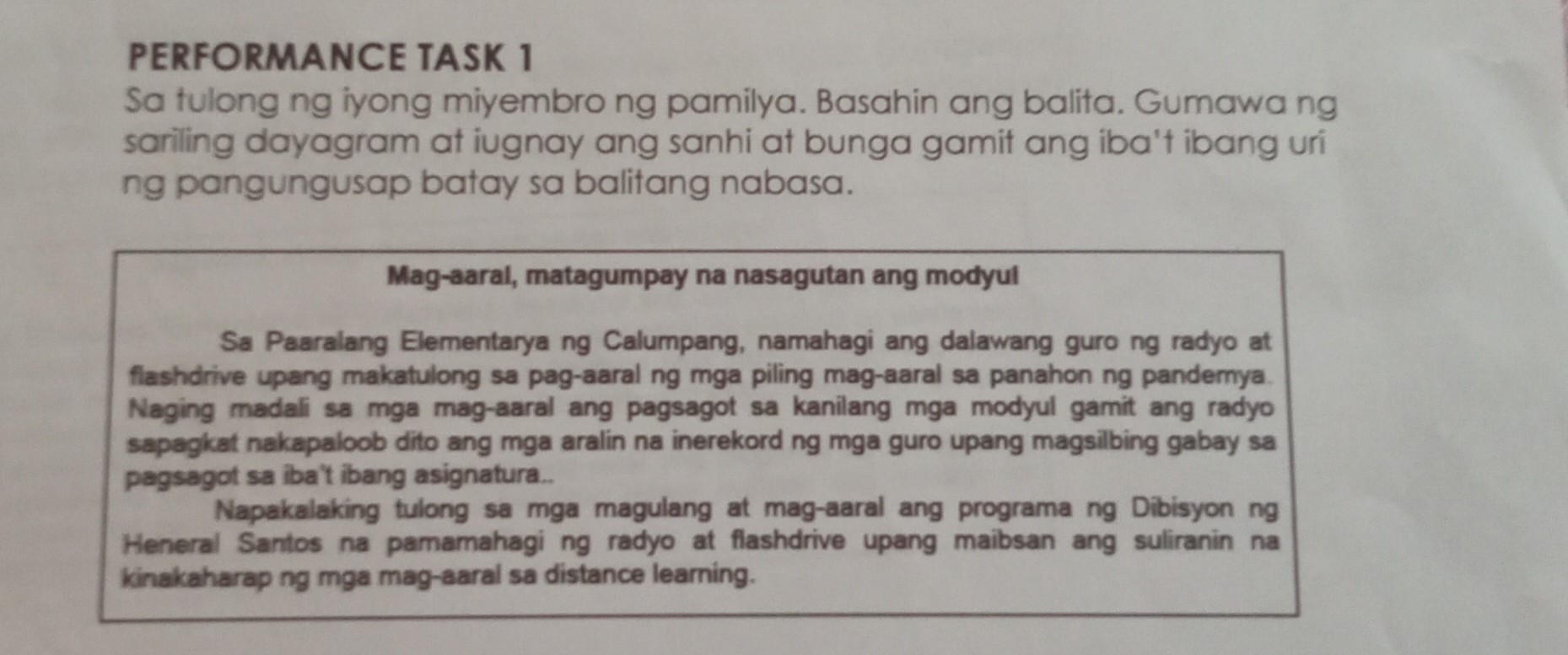 PERFORMANCE TASK 1 Sa tulong ng iyong miyembro ng pamilya. Basahin ang ...
