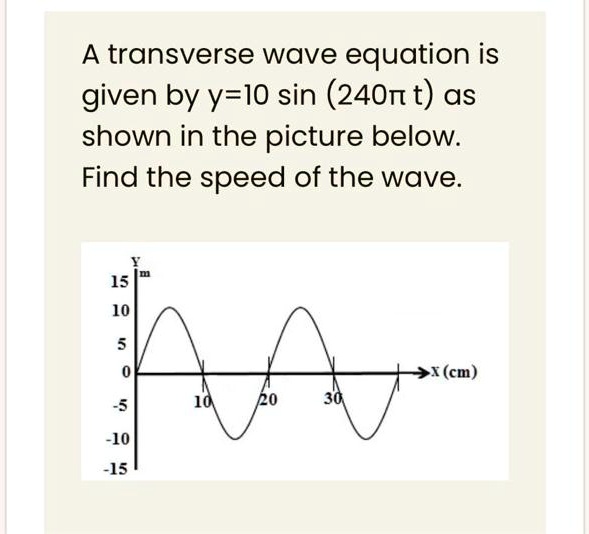 A transverse wave equation is given by y = 10 sin(240π t) as shown in the picture below. Find ...