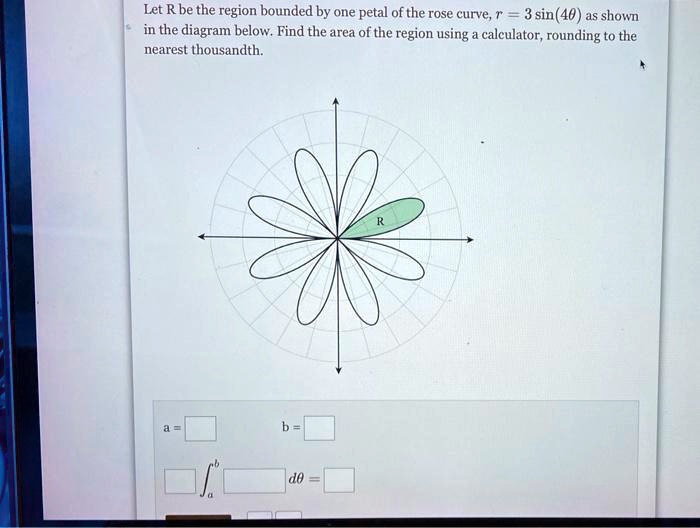 SOLVED: Let R be the region bounded by one petal of the rose curve, r ...