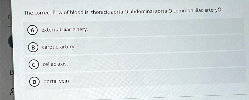 SOLVED: The correct flow of blood is: thoracic aorta → abdominal aorta → common iliac artery → ...