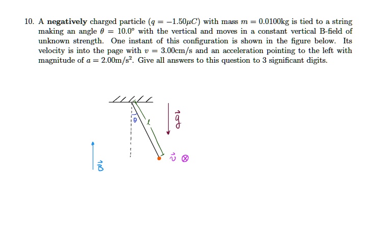 10. A negatively charged particle (q = -1.50µC) with mass m = 0.0100kg is tied to a string ...