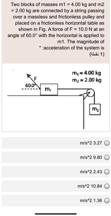 Two blocks of masses m1 = 4.00 kg and m2 = 2.00 kg are connected by a string passing over a ...
