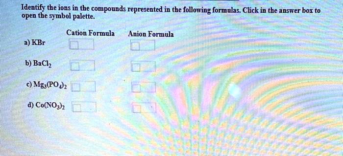 SOLVED: Identify the ions in the compounds represented in the following formulas. Click in the ...
