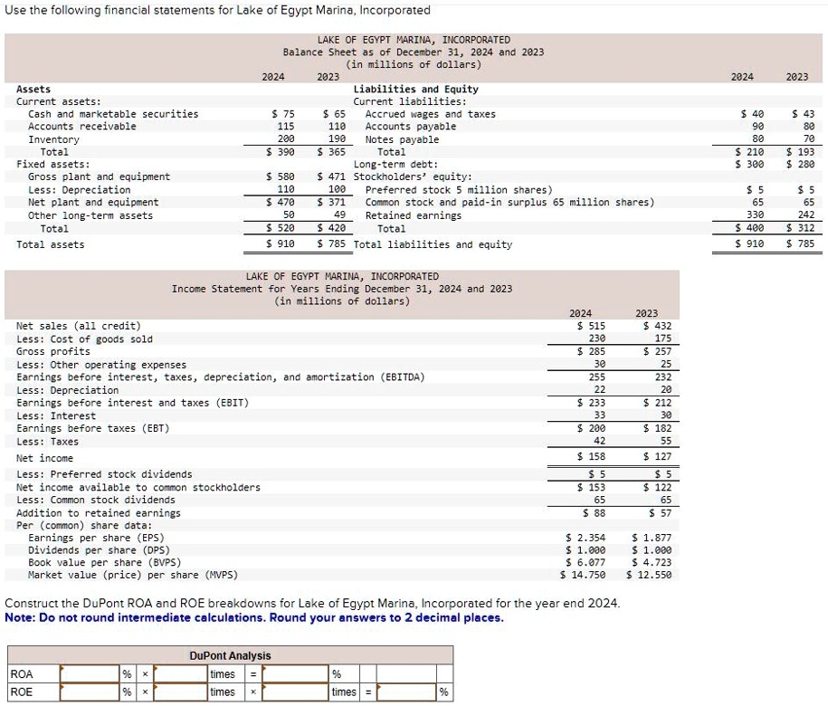 use the following financial statements for lake of egypt marina ...