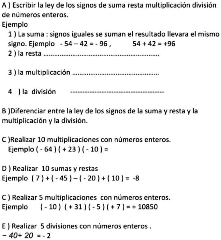 SOLVED: escribir La Ley de Los Signos De Suma Resta Multiplicacion ...