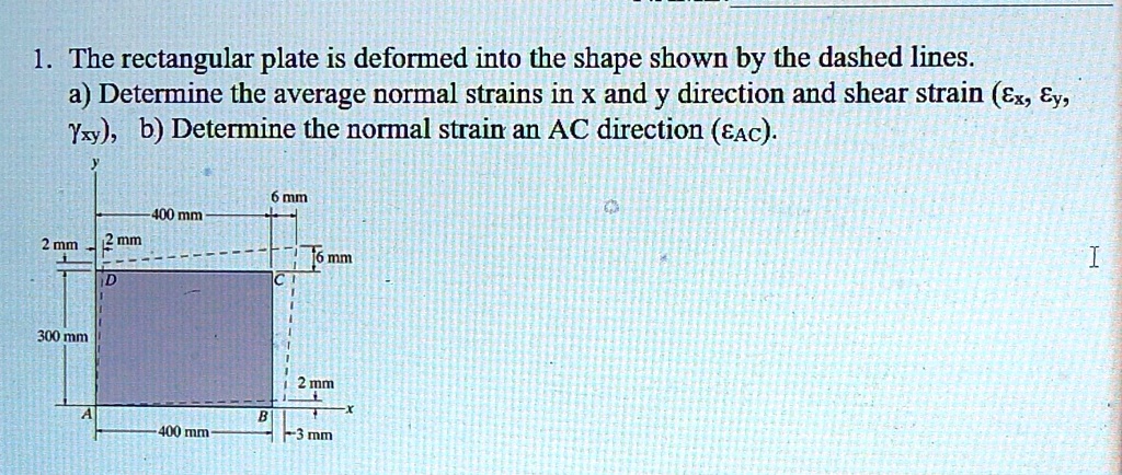 the rectangular plate is deformed into the shape shown by the dashed ...