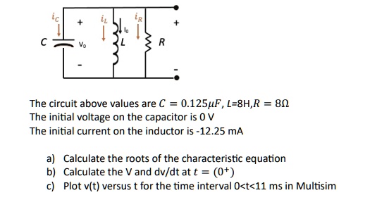 SOLVED: The circuit above values are C=0.125uF,L=8H,R=8 The initial voltage on the capacitor is ...