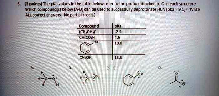 SOLVED: The pKa values in the table below refer to the proton attached to O in each structure ...