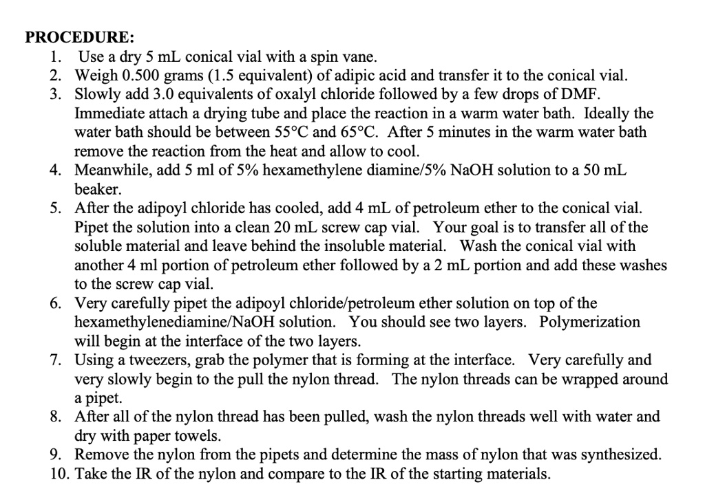 SOLVED: PROCEDURE: Use a dry 5 mL conical vial with a spin vane. 2 ...