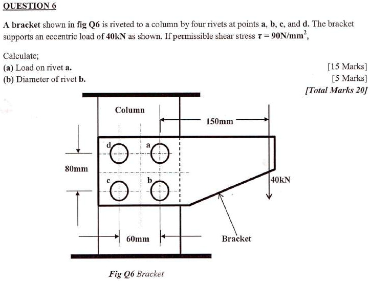 SOLVED: A bracket shown in fig Q6 is riveted to a column by four rivets ...