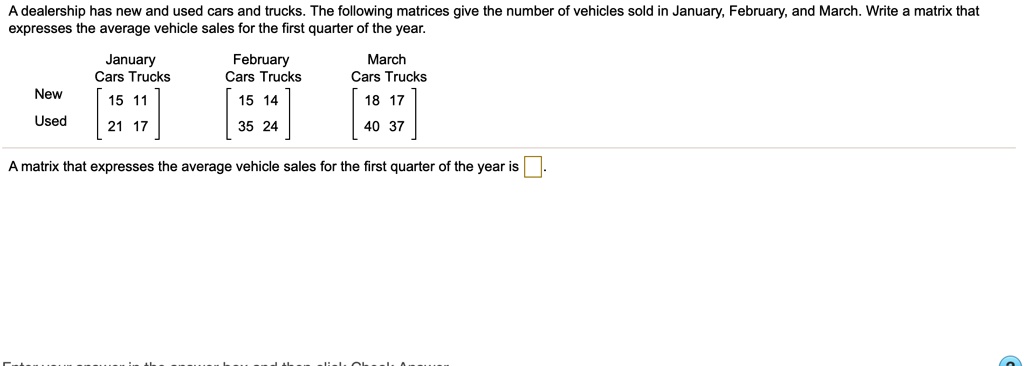 SOLVED: A dealership has new and used cars and trucks The following ...