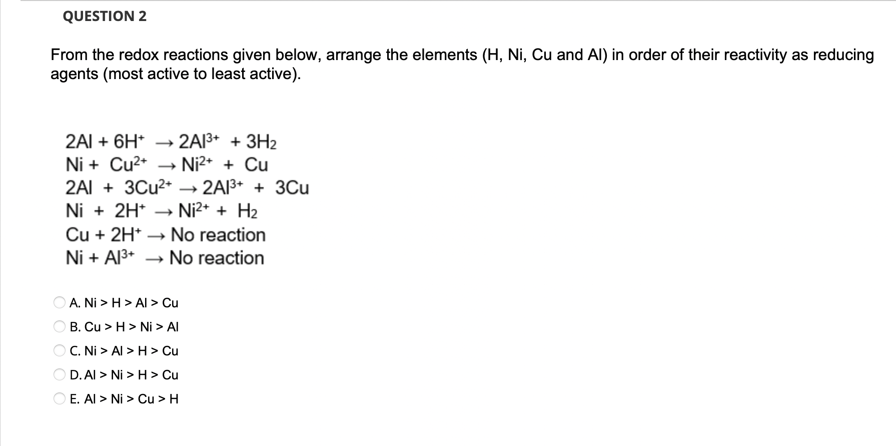 QUESTION 2 From the redox reactions given below, arrange the elements (H, Ni, Cu and Al) in ...