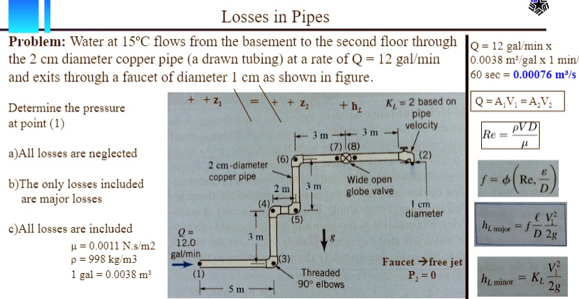 losses in pipes problem water at 15c flows from the basement to the second floor through q 12 ...