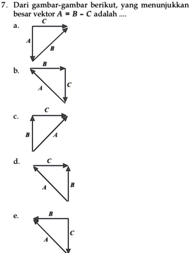 SOLVED: Dari gambar gambar berikut, yang menunjukkan vektor A = B - C ... SOLVED: Dari gambar gambar berikut, yang menunjukkan vektor A = B - C ...