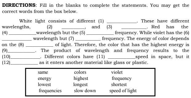 SOLVED: 'pa sagot po ASAP po all about light DIRECTIONS: Fill the ...