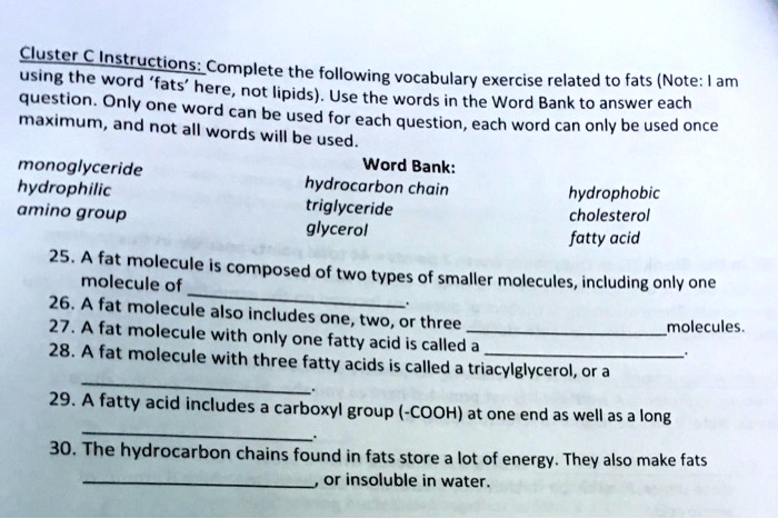 SOLVED: Cluster € Instructions: using the word 'fats' Complete the ...