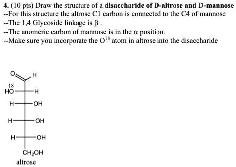 SOLVED: 4. (10 pts) Draw the structure of disaccharide of D-altrose and D-mannose For this ...