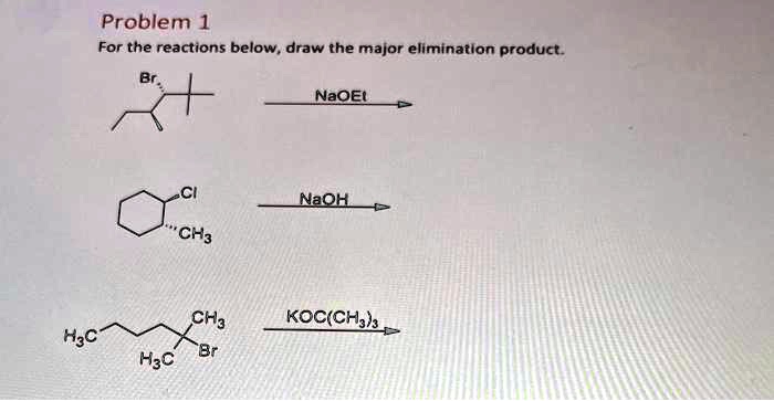 SOLVED: Problem1 For the reactions below,draw the major elimination product. Br NaOEt NaOH CH3 ...