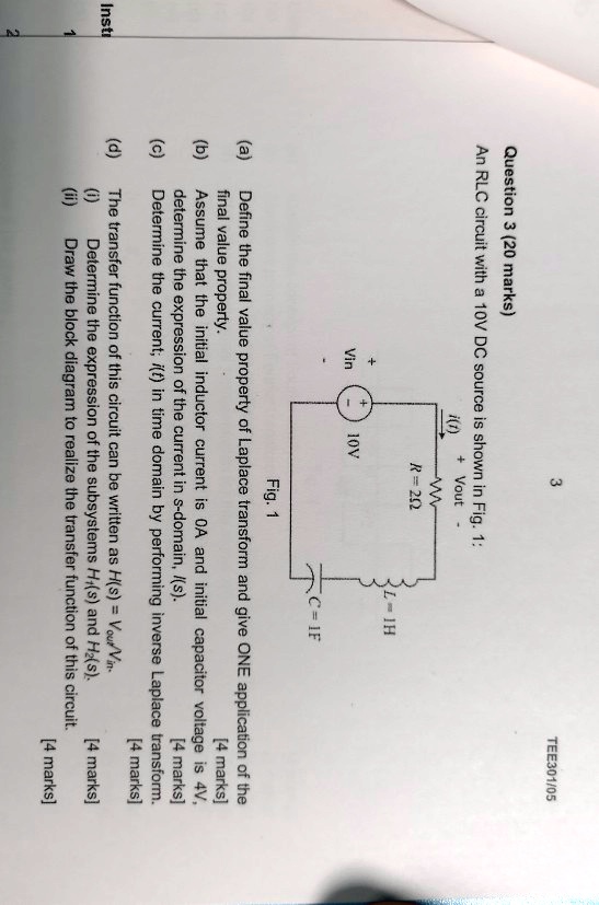 SOLVED: Insti (a) 3. Final Value Property. Question 3 (20 marks): The transfer function of this ...