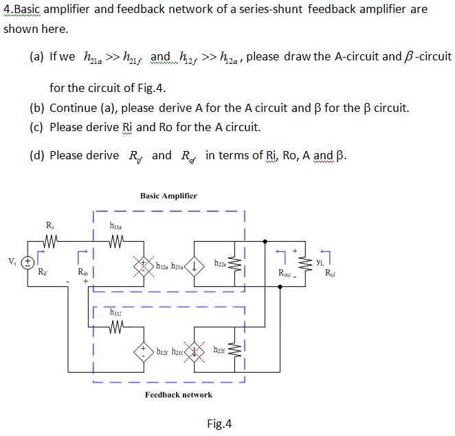 4. Basic amplifier and feedback network of a series-shunt feedback amplifier are shown here. (a ...