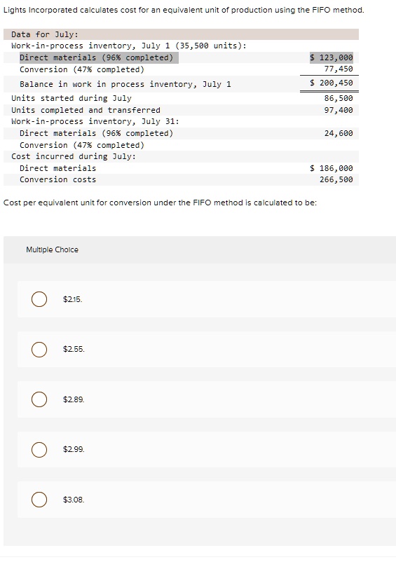 SOLVED: Lights Incorporated calculates cost for an equivalent unit of ...