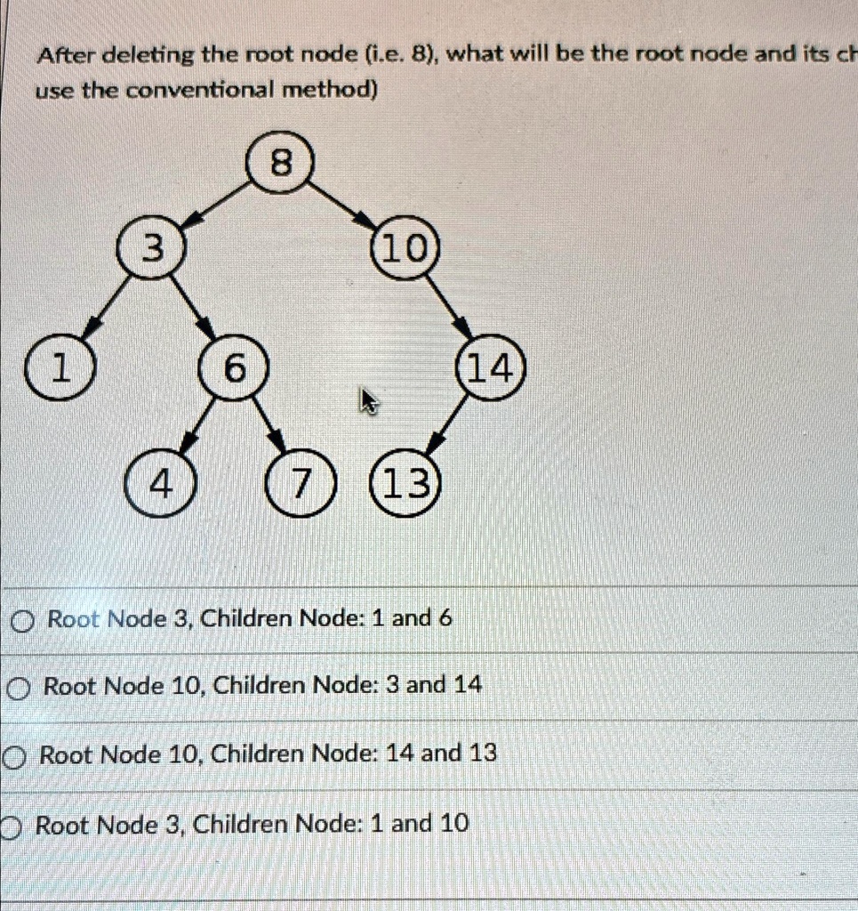 After deleting the root node (i.e. 8), what will be the root node and its children (use the ...