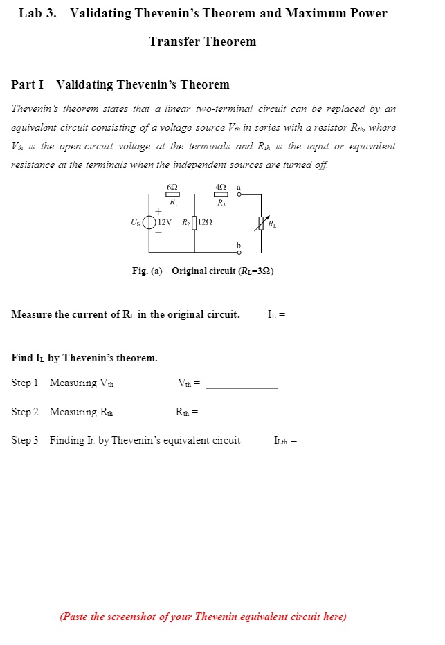 SOLVED: Lab 3. Validating Thevenin's Theorem and Maximum Power Transfer Theorem Part I ...