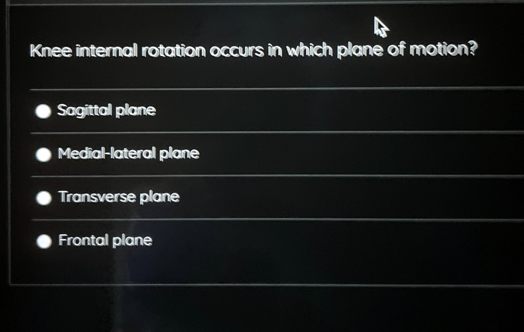 Knee internal rotation occurs in which plane of motion? • Sagittal ...