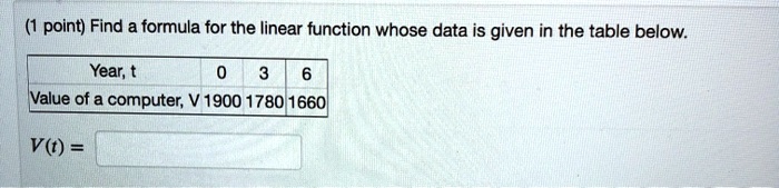 (1 point) Find a formula for the linear function whose data is given in ...
