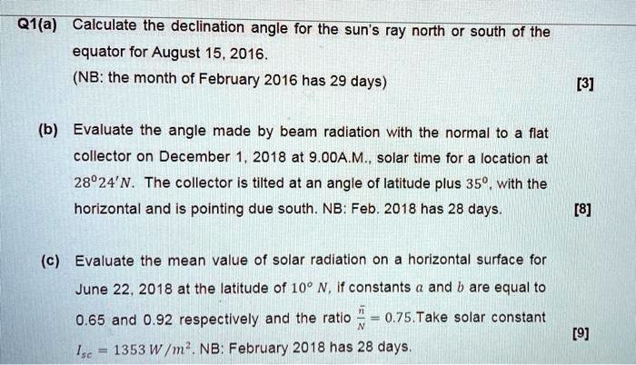 1a calculate the declination angle for the sun ray north or south of ...