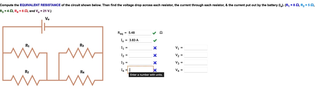 Compute the EQUIVALENT RESISTANCE of the circuit shown below. Then find the voltage drop across ...