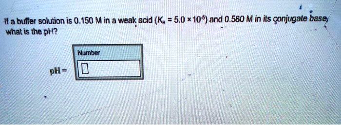 SOLVED: If a buffer solution is 0.150 M in a weak acid (Ka = 5.0 *10*) and 0.580 M in its ...
