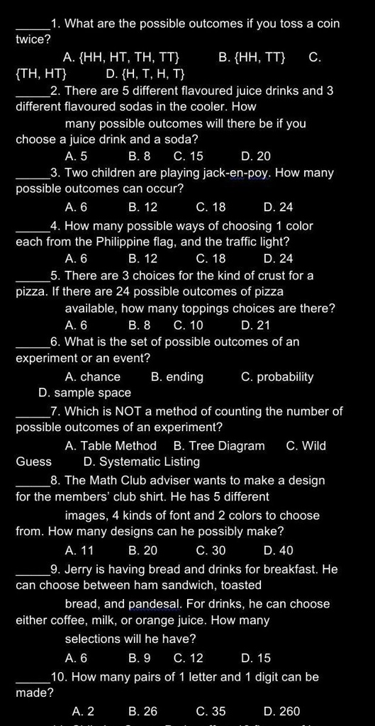 help meeeeeeeeeeeeeeee what are the possible outcomes if you toss a ...