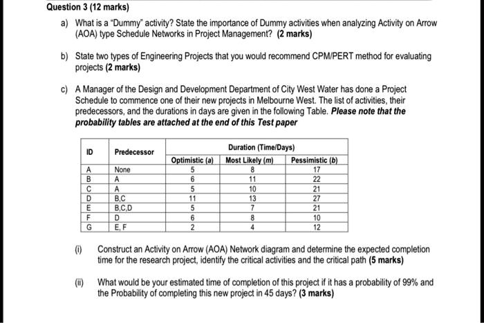SOLVED: Text: Question 3 (12 marks) a) What is a Dummy activity? State the importance of Dummy ...